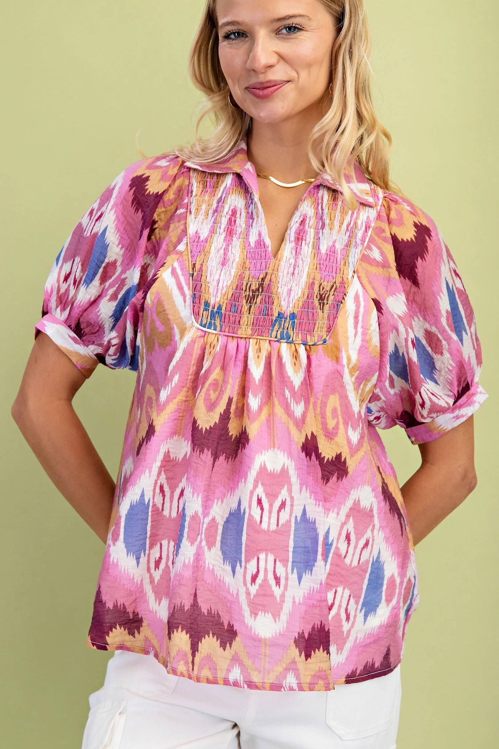 Berry Mix Smocked Yoke Ikat Top